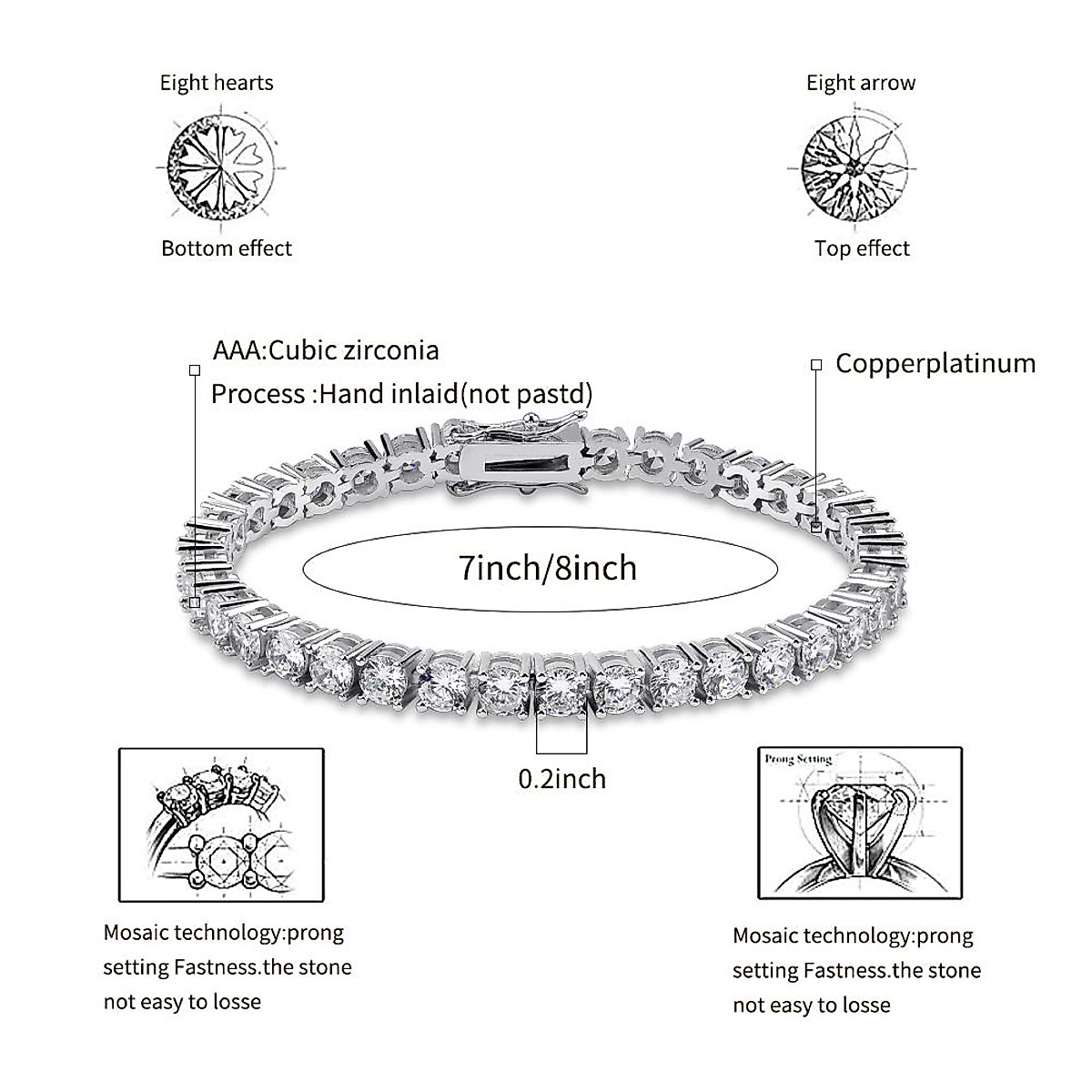 JINAO 1 Row AAA Gold Silver All Iced Out Tennis Bling Lab Simulated Diamond Bracelet (5mm Silver 8"