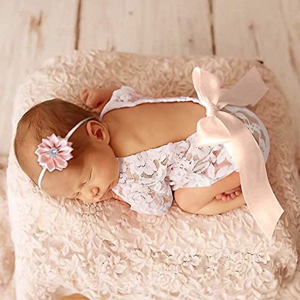 4 PCS Newborn Photography Props Outfits-BabyTutu Skirt Cute Bow Headdress and Lace Rompers Flower Headband Sets for Infants Girl Boy