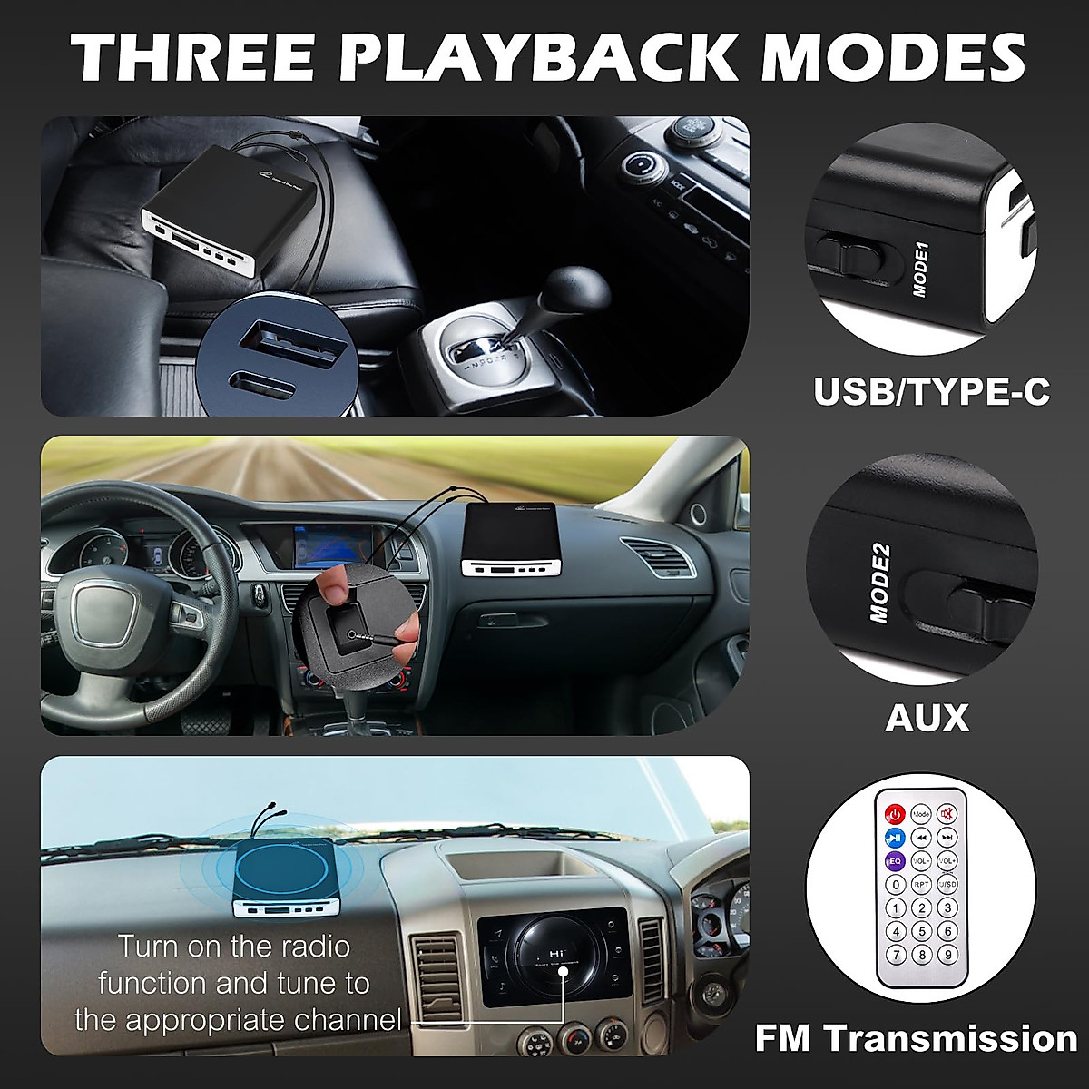 [Upgrade Version] FLWLKEJI External Universal Car CD Player,Portable CD Player for Car with USB or Type-C Port AUX Port Plug&Play and FM Transmitter Play CDs(Three Playback Modes to Suit Any Vehicle)