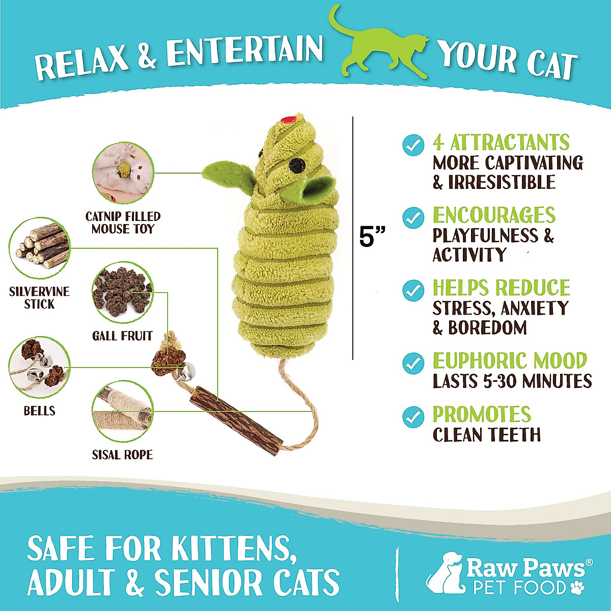 Raw Paws Catnip Cat Mouse Toys with Silvervine Stick (4-count) - Mouse Cat Toy for Indoor Cats - Silvervine Cat Toy, Interactive Cat Toy with Silvervine, Mouse Toy for Cats, Cat Mice Toys, Catnip Toys