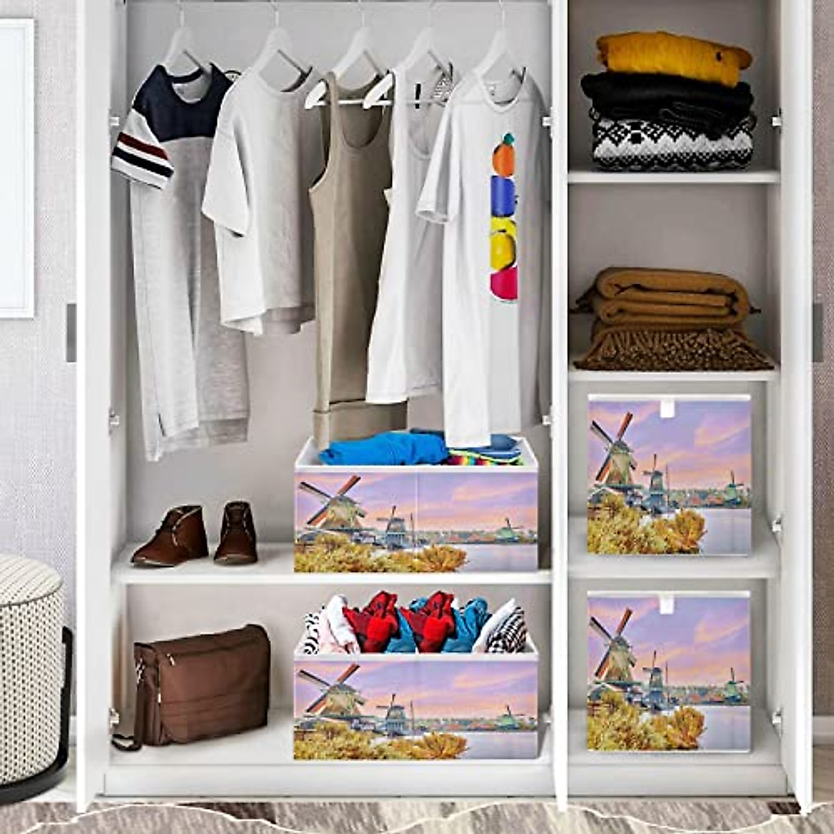 visesunny Closet Baskets Windmill in The Suburbs Of Amsterdam Storage Bins Fabric Baskets for Organizing Shelves Foldable Storage Cube Bins for Clothes, Toys, Baby Toiletry, Office Supply