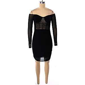 Uni Clau Women Sexy V Neck Mesh Patchwork Bodycon Dress Off Shouler See Through Long Sleeve Bodycon Dress Midi Party Club Dress Black L