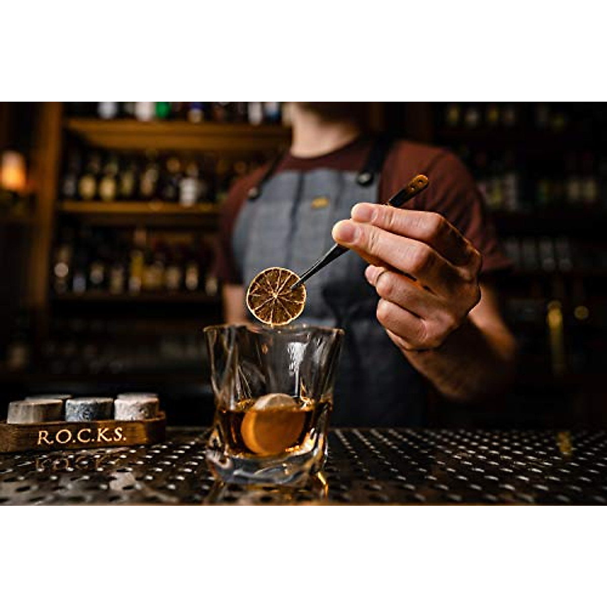 Whiskey Chilling Stones - Set of 6 Handcrafted Premium Granite Round Sipping Rocks - Hardwood Presentation & Storage Tray by R.O.C.K.S.