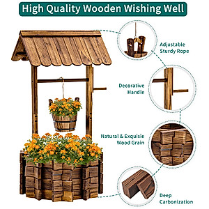 UDPATIO Wishing Well for Outdoors Planter for Plants Flowers Large Wooden Planter with Hanging Bucket, Rustic Solid Fir Wood of Decor for Garden Yard Patio Lawn Backyard Home Decor with Gloves