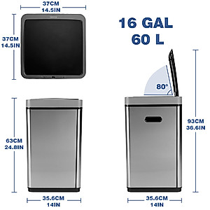 HUG&FKL 16 Gal Assembly Touchless Motion Sensor Rectangular Trash Can with Lid, Lithium Battery Powered, Brushed Stainless Steel, Ideal for Kitchen, Office, Living Room