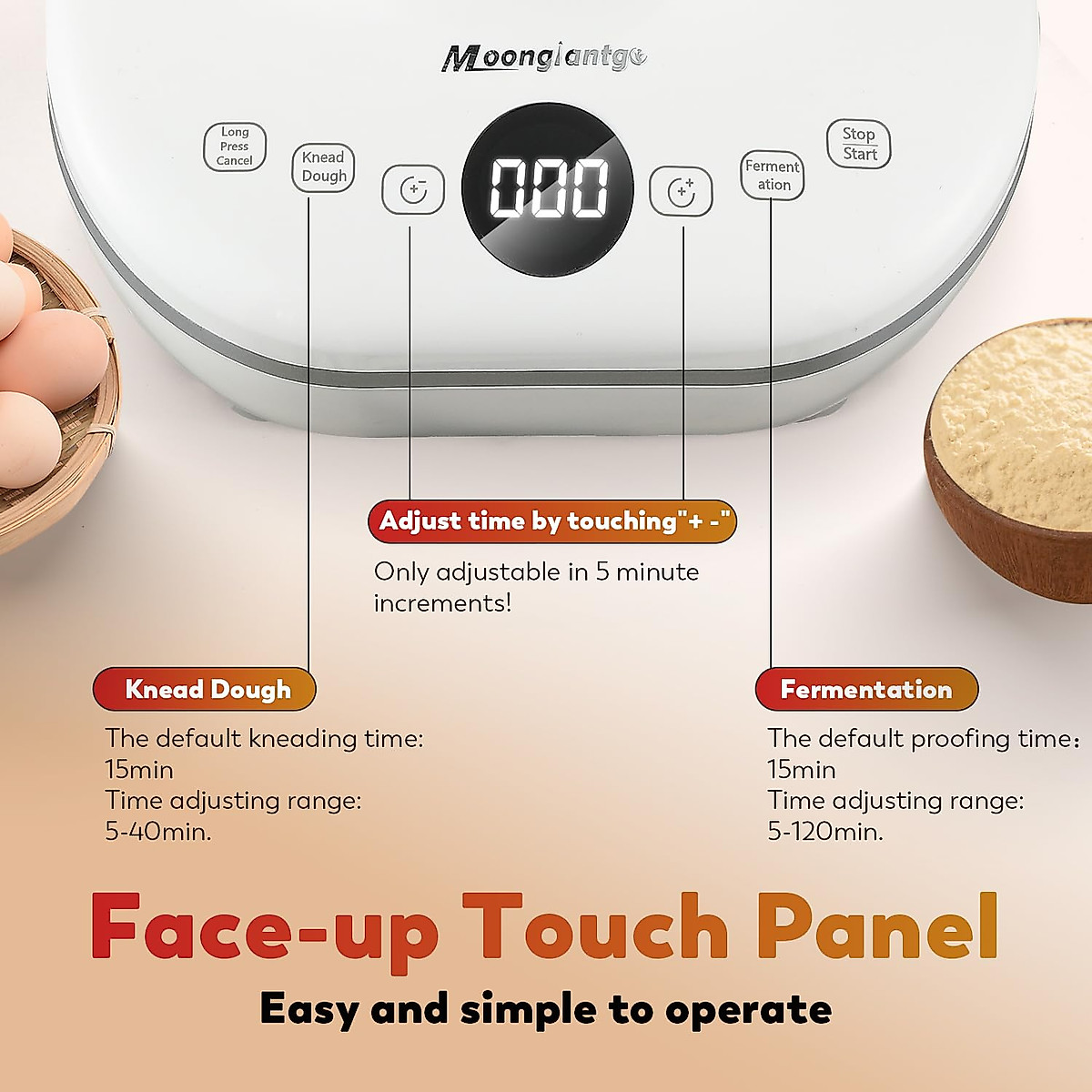 Moongiantgo 5L Dough Maker with Ferment Function, 200W Dough Kneading Machine with 304 Stainless Steel Bowl, Low Noise Operation, Microcomputer Timing, Touch Panel (White)