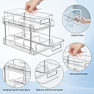 DOMNIU 2 Tier Clear Organizer with Dividers, Pantry Organization and Storage Multi Purpose Slide-Out Bathroom Organizer, Kitchen Pantry Medicine Cabniet Bins, Under Sink Organizer with Hanging Cup