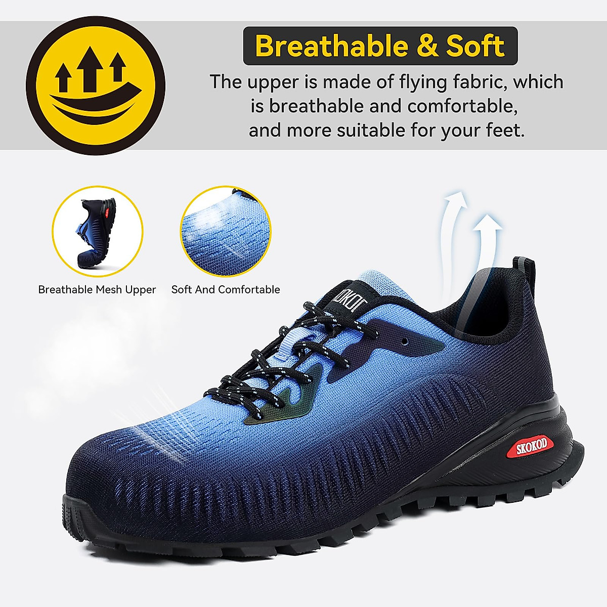 SKOKOD Steel Toe Shoes for Men Slip On Resistant Puncture Proof Safety Shoes Lightweight Breathable Tennis Warehouse Work Shoes（Black Blue 7.5）
