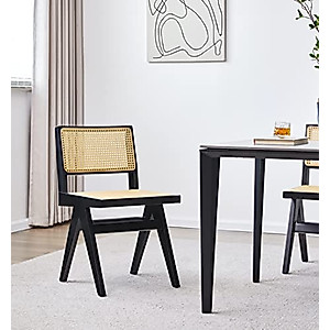 Way2Furn Rattan Chair Set of 2, Mid Century Modern Chair for Kitchen, Cane Dining Chair with Cane Back & Wood Base, Dining Room, Study Room, Living Room, Yard, B&B, Teahouse, Hotel, (Black)