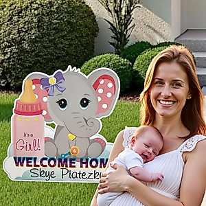 Cute News Welcome Home Its a Girl Elephant Yard Sign, Custom Baby Lawn Decoration, Personalized New Birth Announcement Art, Outdoor Newborn Arrival Decor Card, Pink Shower Party Stork Prop, Gift