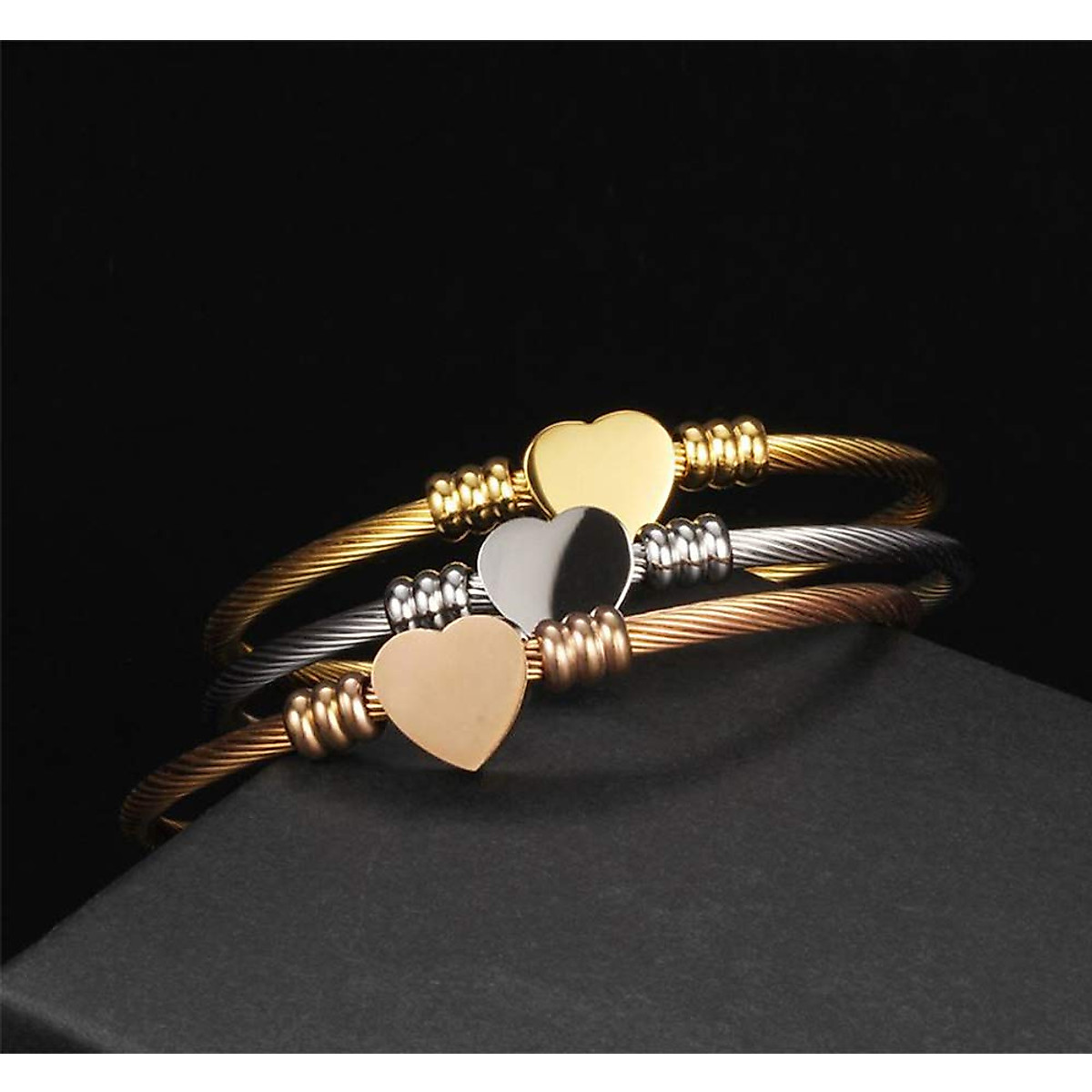 MiniJewelry Simpl Gold Love Heart Bangle Bracelets for Women BFF Family Stainless Steel Adjustable Birthday