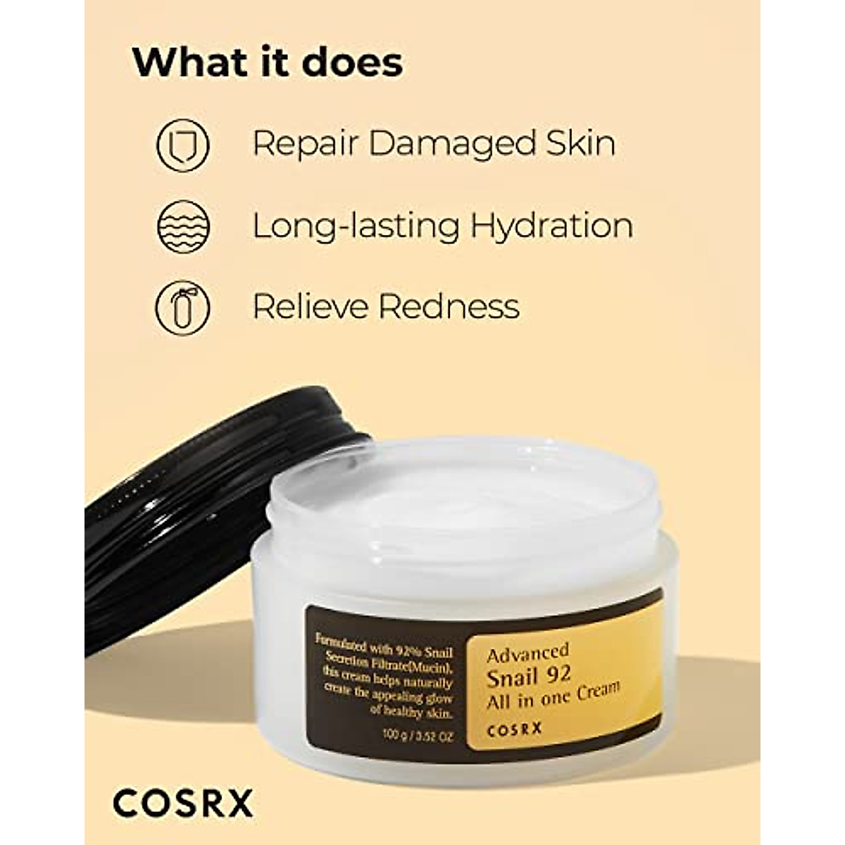 COSRX Snail Mucin 92% Repair Cream 3.52 oz, 100g, Daily Face Gel Moisturizer for Dry Skin, Acne-prone, Sensitive Skin, Not Tested on Animals, No Parabens, No Sulfates, No Phthalates, Korean Skincare