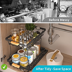 RAOHEVU Under Sink Organizers and Storage, Sliding Under Cabinet Organizer, 2 Tier Bathroom Under Sink Organizer for Kitchen with Wooden Handle