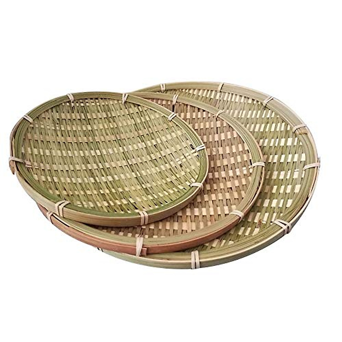 100% Handmade Bamboo Basket Weaving Serving Tray Set of 3 for Bread Food Snack Woven Wicker White Green Bamboo Basket Holder Traditional Decor 8inch 10inch 12inch 14inch 16inch (Green, Set of 3)