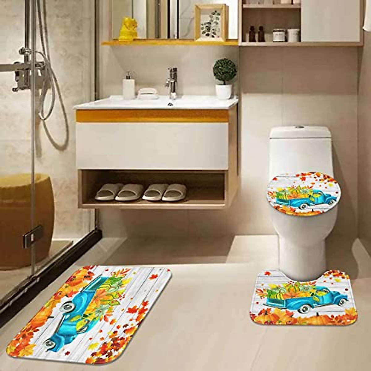 Tayney Truck with Harvest Pumpkin Shower Curtain Sets with Toilet Lid Cover and Non-Slip Rugs, Watercolor Autumn Maple Leaves 4 Pcs Shower Curtains for Bathroom, Vintage Fall Farmhouse Bathroom Decor