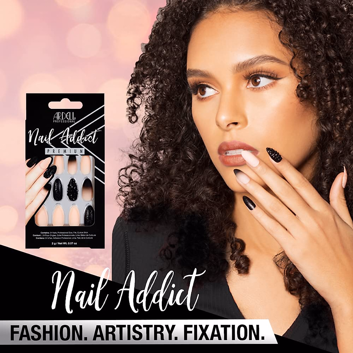 Ardell Nail Addict Premium Press On Nails - 24 False Nails Black Stud & Pink Ombre Jeweled And Matte, Reusable Artificial Acrylic Nail Kit for DIY Manicure