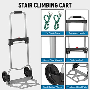 GarveeTech Folding Hand Truck and Dolly, 180lbs Load Capacity, Steel Portable Folding Cart with Bungee Cord Telescopic Handle and Rubber Wheels for Home, Travel, Mobile Warehouse