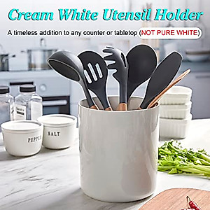 ALELION Cream White Kitchen Utensil Holder, 7.2" Extra Large Utensil Holder for Kitchen Counter, Thickenss Cooking Ceramic Utensil Crock for Utensils, Housewarming Wedding Gifts for Kitchen Decor