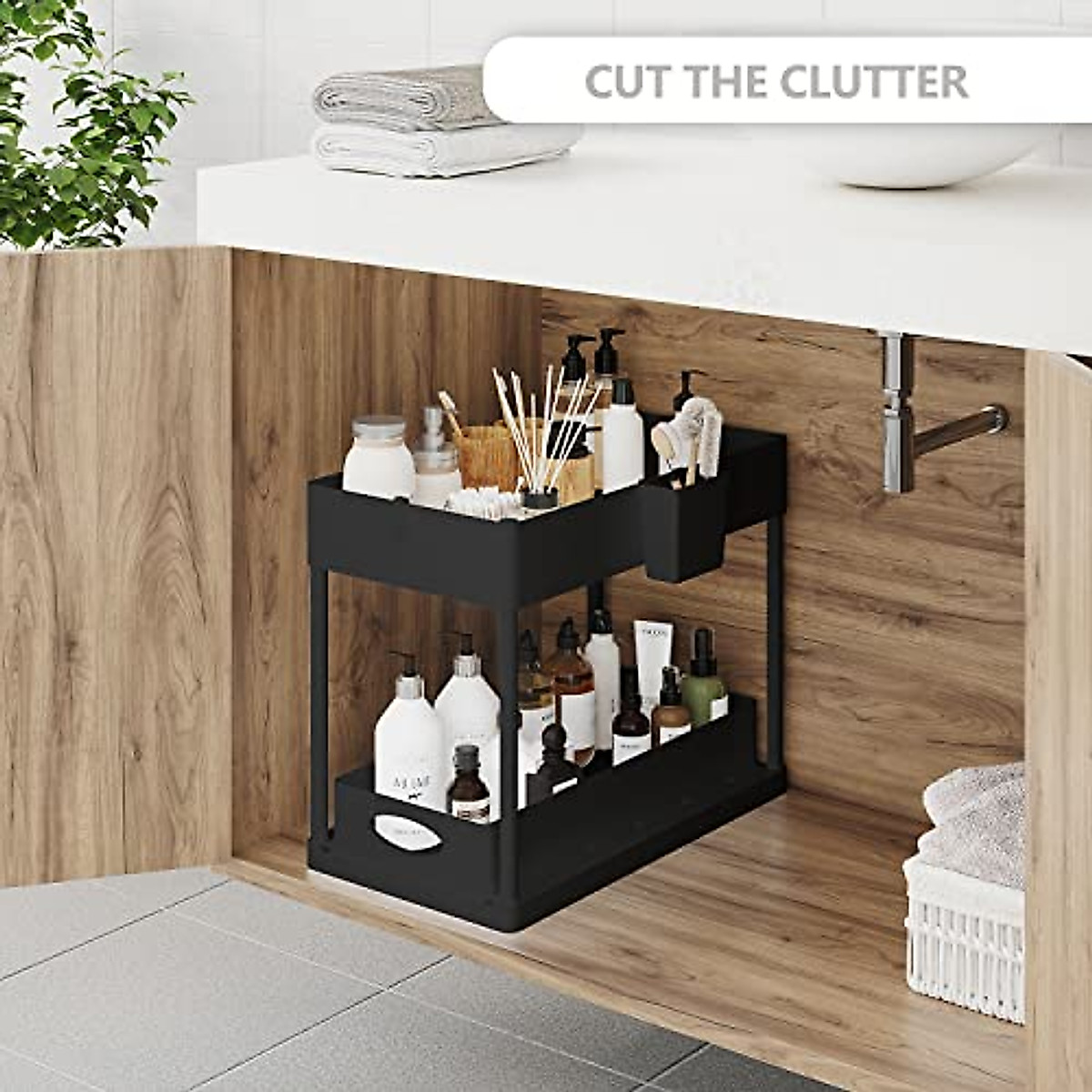 Under Sink Organizers and Storage, Bathroom Cabinet Organizer, Sink Shelf with Utility Hooks and Side Caddy for Under Cabinet Storage | Under Kitchen Sink Organizer with Sliding Drawer, Black (1-Pack)