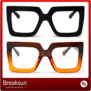 Breaksun Oversized Blue Light Glasses for Women Fashion Thick Square Computer Eyewear Non-Prescription Black Glasses (New Black+ Brown Orange)