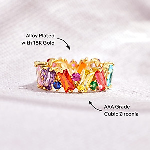 STORYJEWELLERY Story Jewellery Rainbow Ring for Women, Gold Plated Rainbow Eternity Ring, Baguette Rainbow Ring, Rainbow Jewelry Gifts for Women(G P 07)