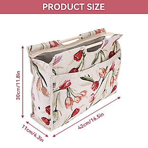 Agatige Knitting Yarn Storage Bag, Wood Handles Knitting Bag Tote Organizer Woven Fabric Storage Bag Travel Yarn Tote Organizer Crochet Bag for Knitting Needles Sewing Tools, 42*30*11cm, Rose Flower