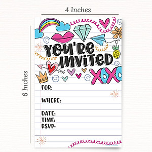 Fun Girl Doodles Invitations (20 Count) With Envelopes - Pre Teen - Tween Birthday Invitations