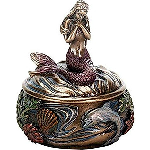 SUMMIT COLLECTION Decorative Art Nouveau Style Sirens of The Sea Mermaid Holding Hand Over Chest Praying Mermaid Fantasy Resin Jewelry Trinket Box 3.25 Inch Tall Faux Bronze