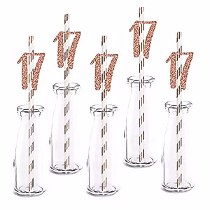 Rose Happy 17th Birthday Straw Decor, Rose Gold Glitter 24pcs Cut-Out Number 17 Party Drinking Decorative Straws, Supplies