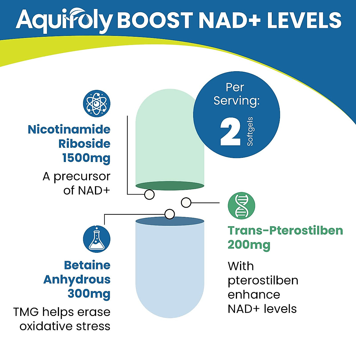 Aquifoly Liposomal Nicotinamide Riboside Supplement 2000 mg with TMG and Pterostilbene for Maximum Absorption, Superior to NAD, Boosting NAD+, Cellular Energy, and Age Defense, 60 Softgels