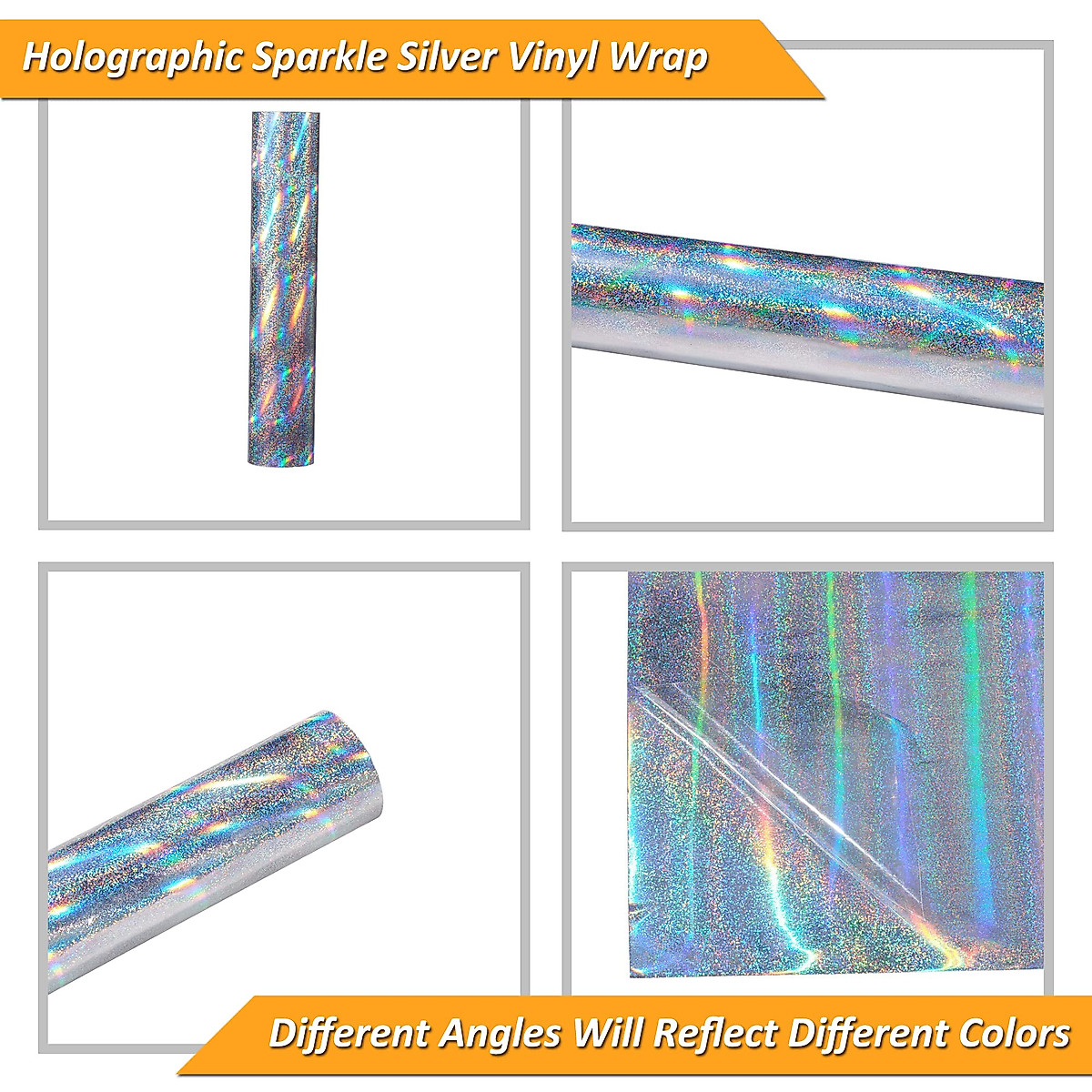 AuMoHall Holographic Sparkle Silver Car Vinyl Wrap Glitter Light Beam Glossy Colorful Chameleon Car Vinyl Wrap with Air Release Technology, 59.84'' x 11.81''