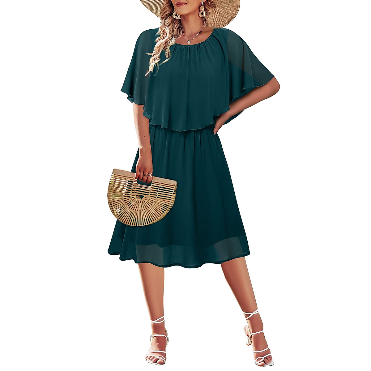 Bodhi talk Dresses for Women 2023 Wedding Guest Boat Neck Solid Color Casual Chiffon Dress Sleeveless Cape Dresses Peacock Green Large