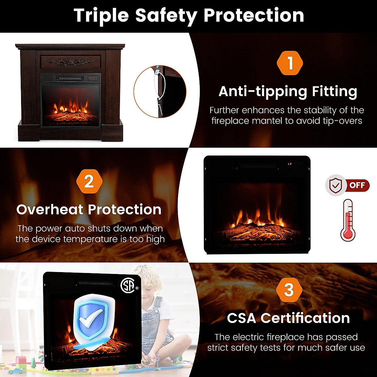 SIMOE 32" Electric Fireplace with Mantel,Package Freestanding Fireplace Heater with Remote Control & Overheat Protection & Adjustable Flame,Indoor Fireplace Mantel for Living Room,Bedroom,Brown