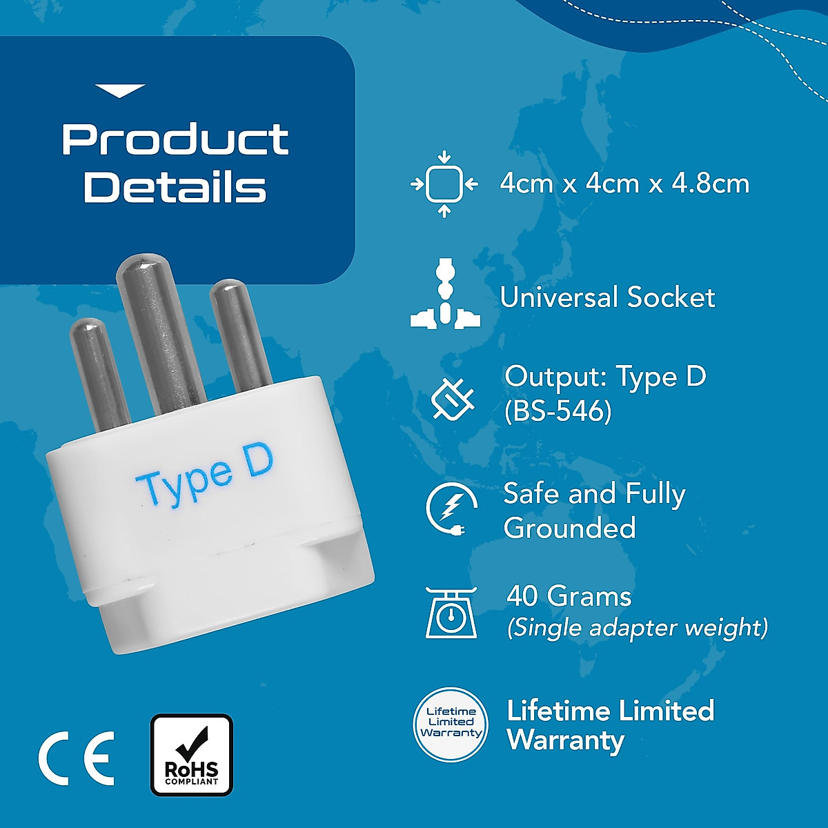 Ceptics India Travel Plug Adapter (Type D) for Pakistan, Nepal, Bangladesh - 3 Pack [Grounded & Universal] (GP-10-3PK)