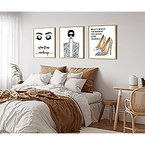 Glam Silver Fashion Wall Decor Girls Room Decor Wall Art Glitter Silver Fashion Lady Perfume Flower Book High Heels Posters Prints Women Bathroom Decor Bedroom Decor(8x10 inch Unframed, Silver)