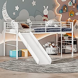 Giantex Twin Loft Bed with Slide, Metal Low Bunk Bed w/Safety Guardrails & Built-in Ladder, Toddler Bed Floor Frame for Boys & Girls, No Box Spring Needed (White)