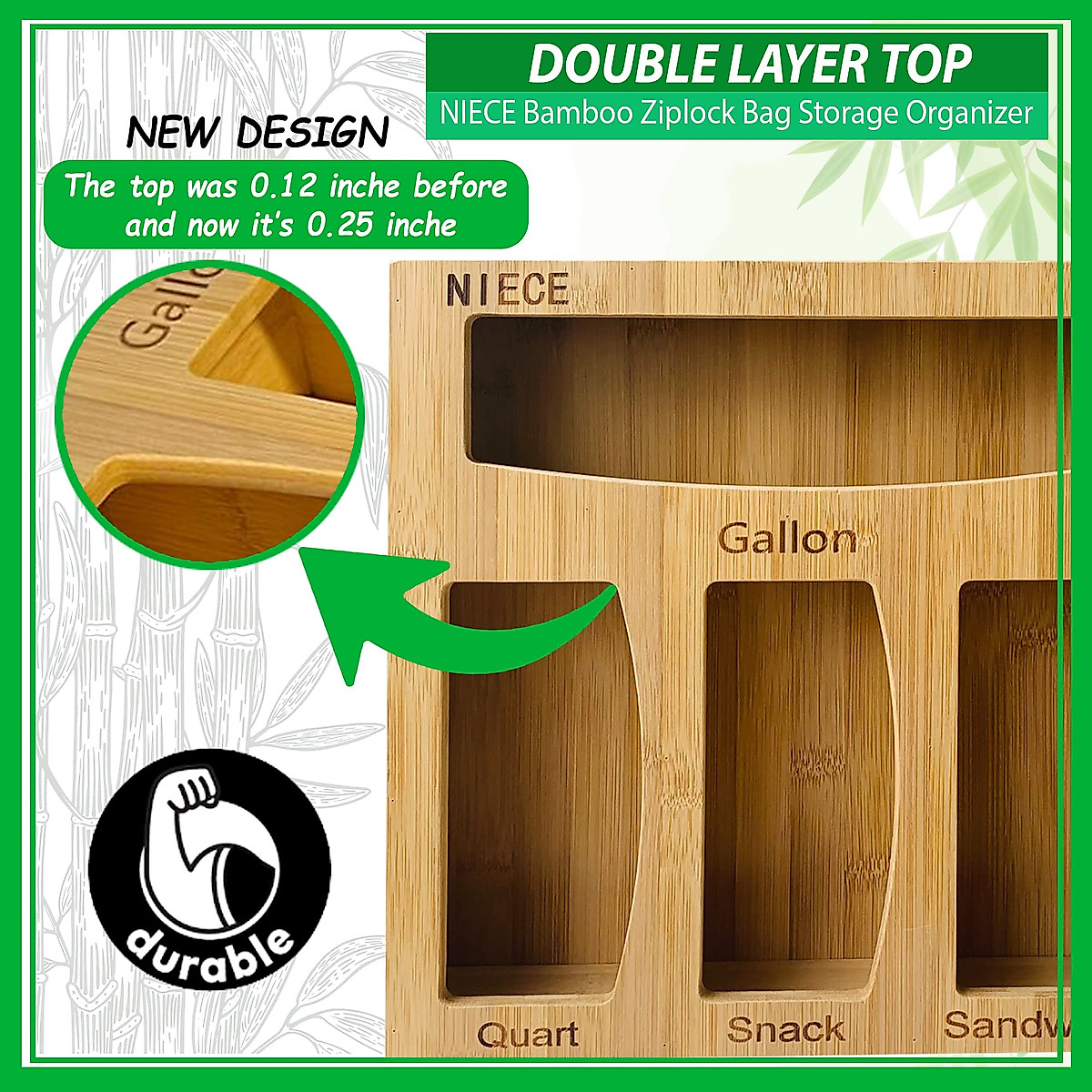 NIECE Bamboo Ziplock Bag Storage Organizer & Dispenser Food Storage Bag Holder Designed to Fit Most Kitchen Drawers in the USA Compatible With Gallon, Quart, Sandwich & Snack of Any Ziplock bag Size (One Set)