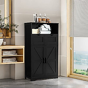 WEENFON Bathroom Cabinet, Floor Cabinet with 2 Doors & 2 Drawers, Bathroom Storage Cabinet with Adjustable Shelf, Freestanding Wooden Storage Organizer for Bedroom, Living Room, Hallway, Black