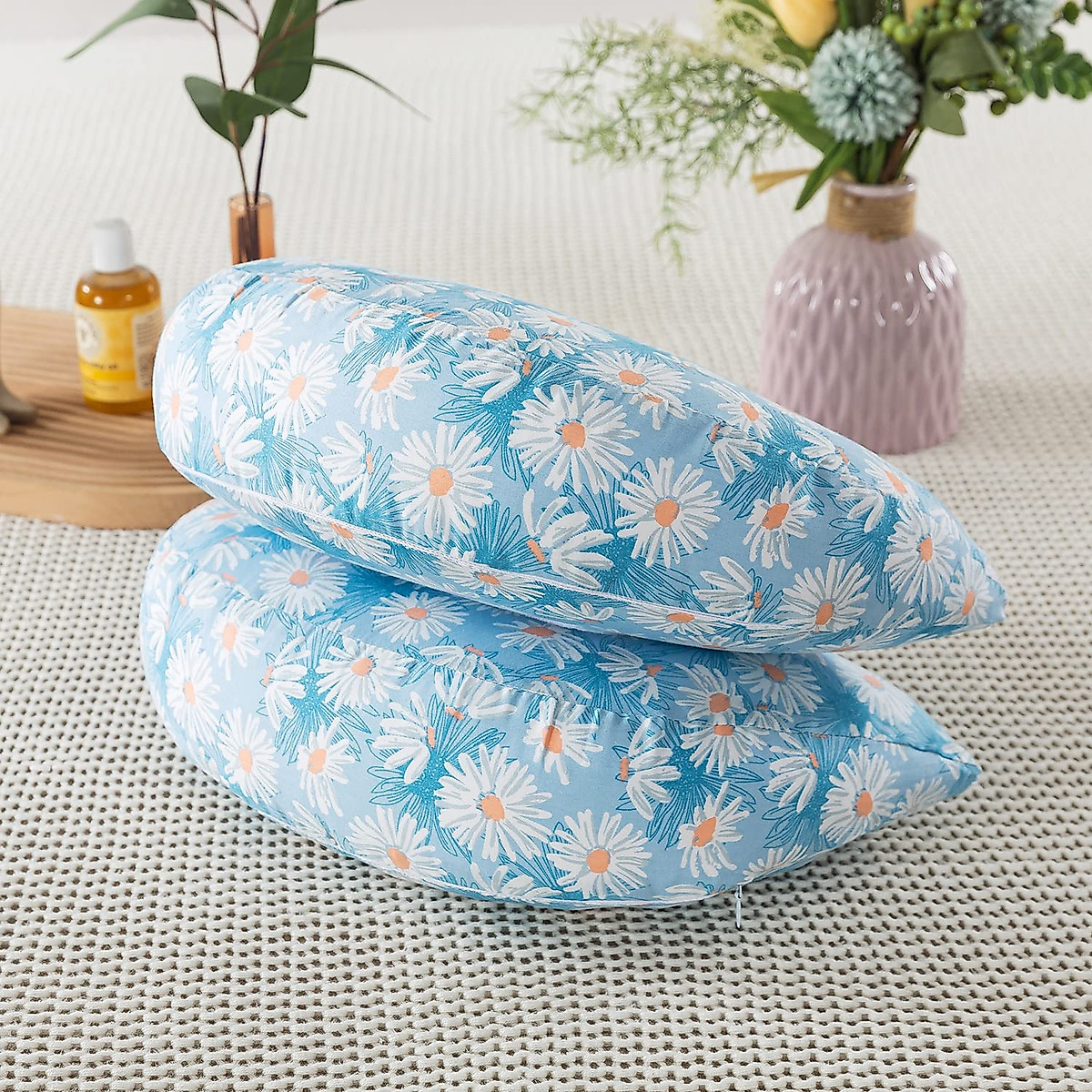 Lemfux Maternity Belly Double Wedge Pillows for Pregnant Women Sleeping, Elegant Small Adjustable Daisy Patterned Pregnancy Pillow for Back Support, 100% Cotton, Ultra Soft, for Side Sleeper