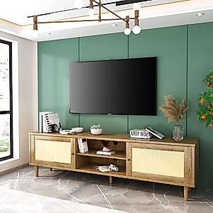 furlinkhm Rattan TV Stand, 59 inch Modern Boho Farmhouse TV Console for TVs up to 65 Inches TV, Living Room Entertainment Center TV Table with Storage (Natural Oak)