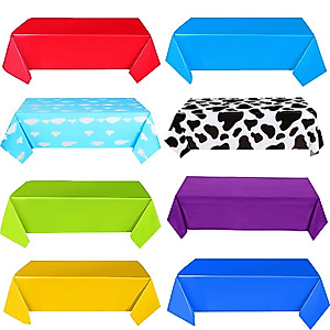 DXary 8 Pcs Kids Story Birthday Tablecloth 54 x 108 Inch Blue Sky White Clouds Print Tablecloth Cow Story Table Cover Toy Inspired for Kids Baby Shower Party Plastic Table Cloth Set (8)