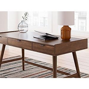 Signature Design by Ashley Lyncott Mid Century 3-Drawer 60" Home Office Desk with Cord Management, Open Cubby and Tapered Legs, Dark Brown