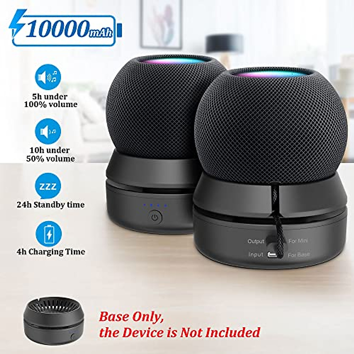 PlusAcc for HomePod Mini Battery Base - 10000mAh Portable Charging Station, Cord Management Home Pod Mini Accessories Stand Holder for Bedroom and Outdoor, No Muffled Sound Space Saving (Black)