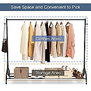 Cocoarm Clothes Garment Rack with Wheels, Heavy Duty Metal Rolling Clothes Rack with Hooks and Bottom Shelves for Bags Boxes Shoes, Freestanding Hanging Garment Rack for Bedroom, 70.9x 19.7x57.5in