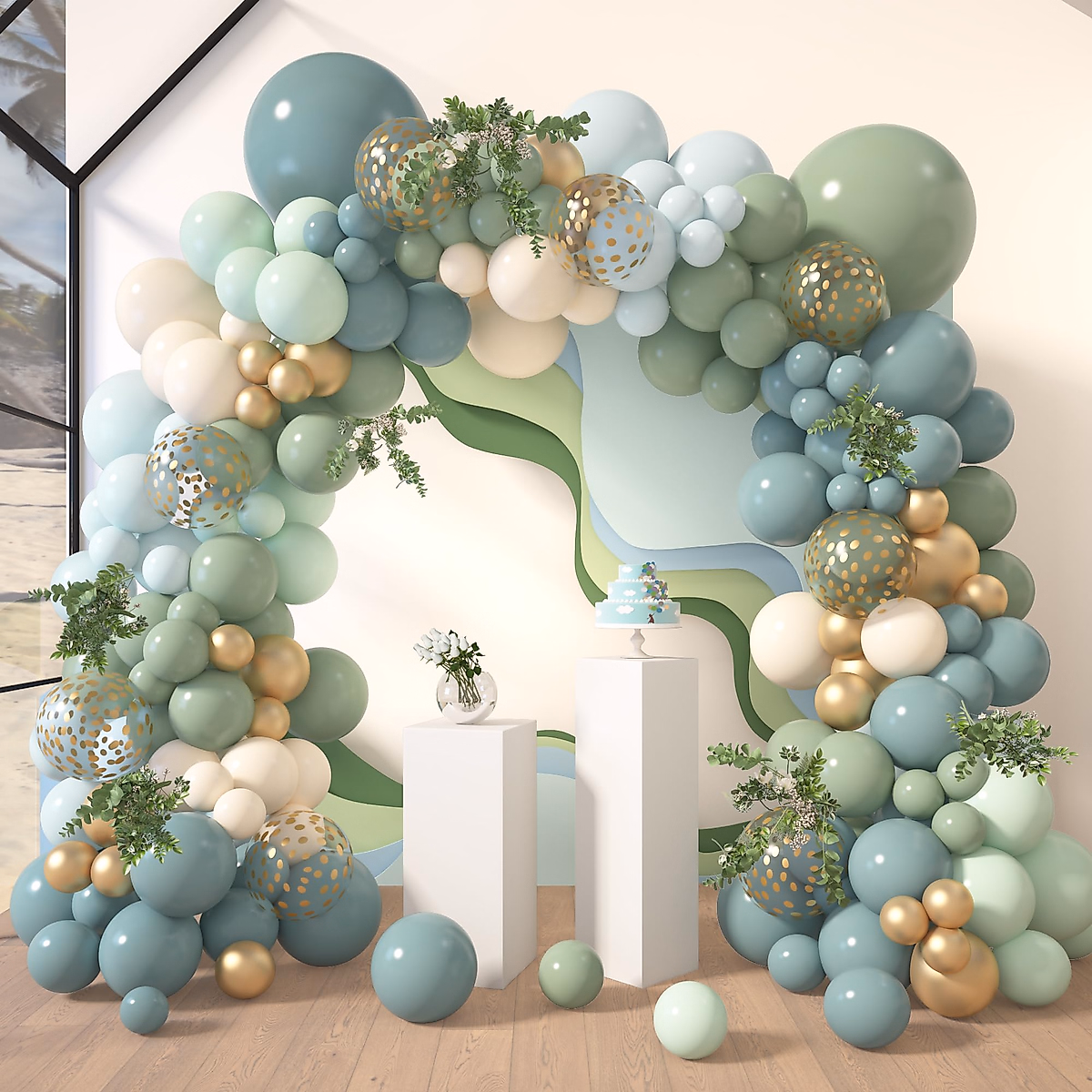 Amandir 170Pcs Dusty Blue Green Balloon Garland Arch Kit, Haze Fog Blue Ash Mist Sage Green Sand White Gold Confetti Balloons for Baby Shower Wedding Bridal Boho Birthday Party Backdrop Decorations