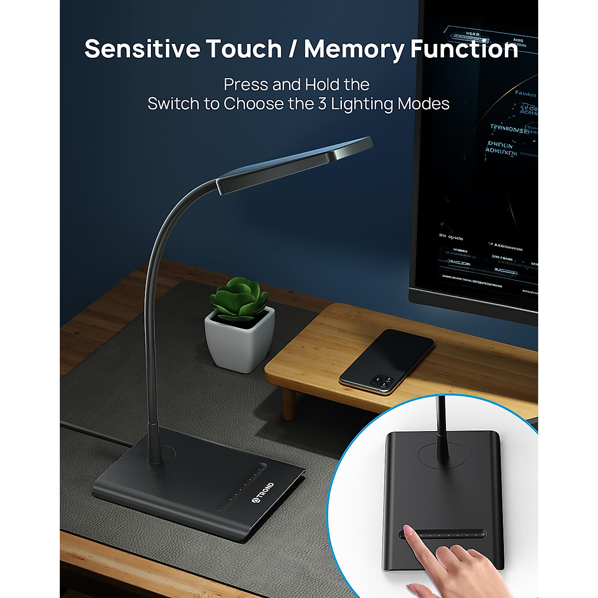 TROND Desk Lamp, Dimmable Eye-Caring Task Lamp, 3 Color Modes 7 Brightness Levels Table Lamp, Flexible Gooseneck Lamp, Desk Light for Home Office Bedroom Kitchen Nightstand Reading, 6000K, 10W, Black