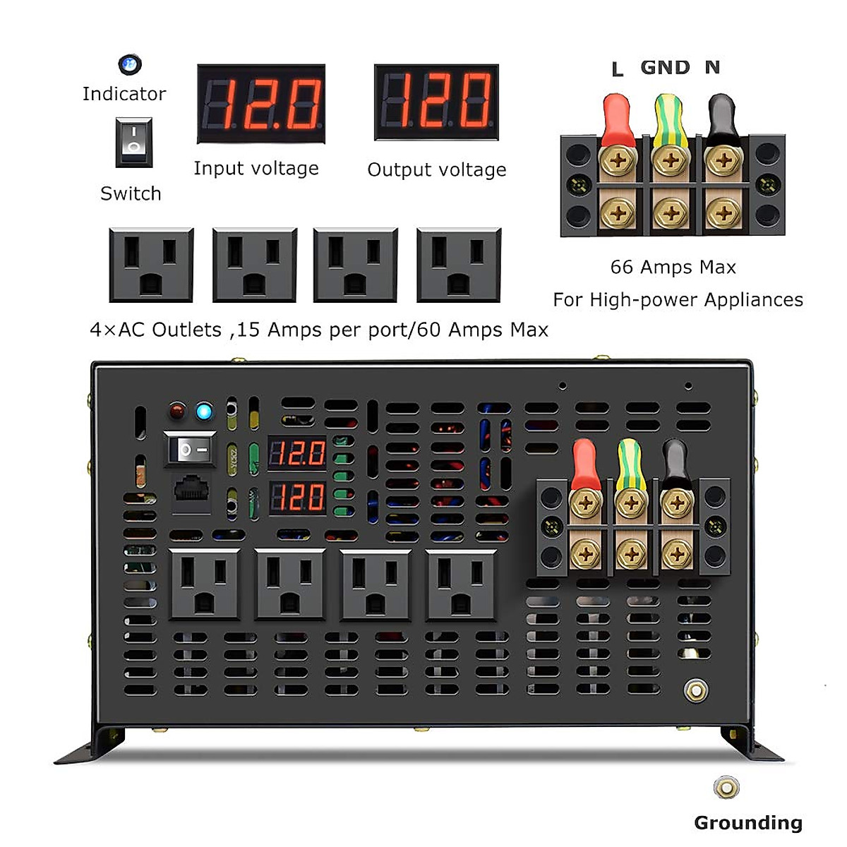 WZRELB 8000W 12V 120V Pure Sine Wave Power Inverter 4 AC Outlets Wired Remote Control,RV, Camping (RBH-800012WR)