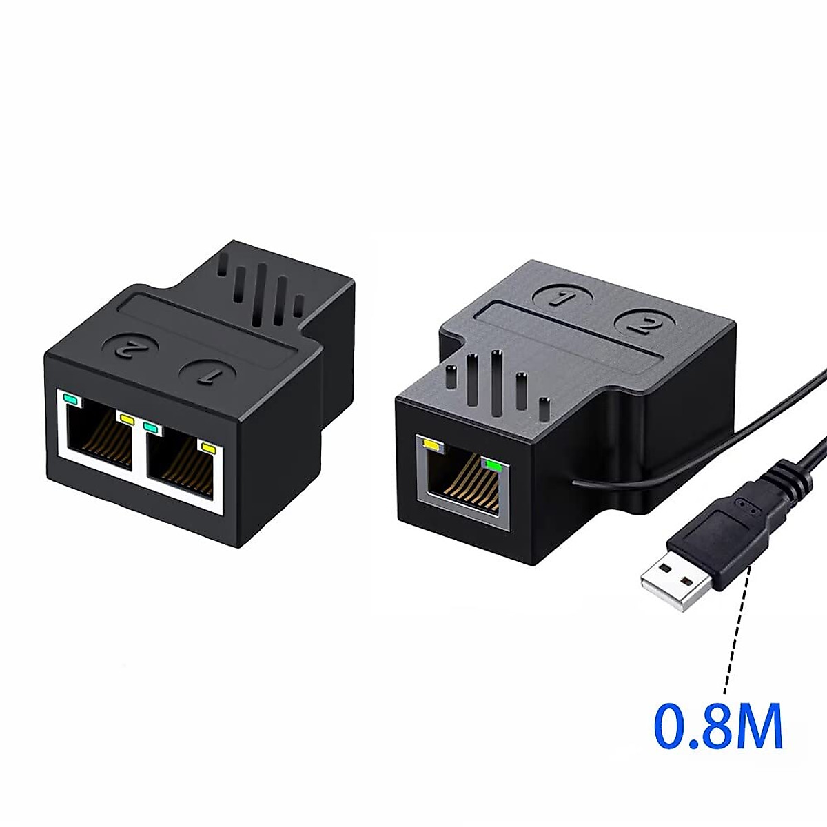 RJ45 Network Splitter Adapter,Wuedozue 1 to 2 Dual Female USB to RJ45 Port with USB Power Cable LAN Interface Ethernet Socket Connector 8P8C Extender Plug Go Online Simultaneously for Cat6, Cat7