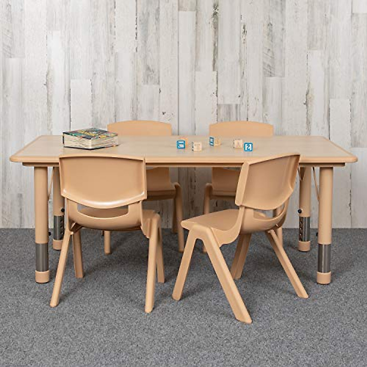 Flash Furniture 23.625"W x 47.25"L Rectangular Natural Plastic Height Adjustable Activity Table Set with 4 Chairs