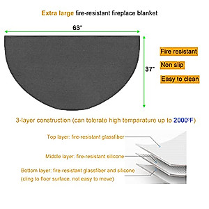 63″x37″ Extra Large Half Round Fireproof Fireplace Mat Hearth Area Rug - Fire Retardant Fiberglass Carpet - Fire Flame Resistant Floor Covering Protection Pad Non-Slip Floor Protector